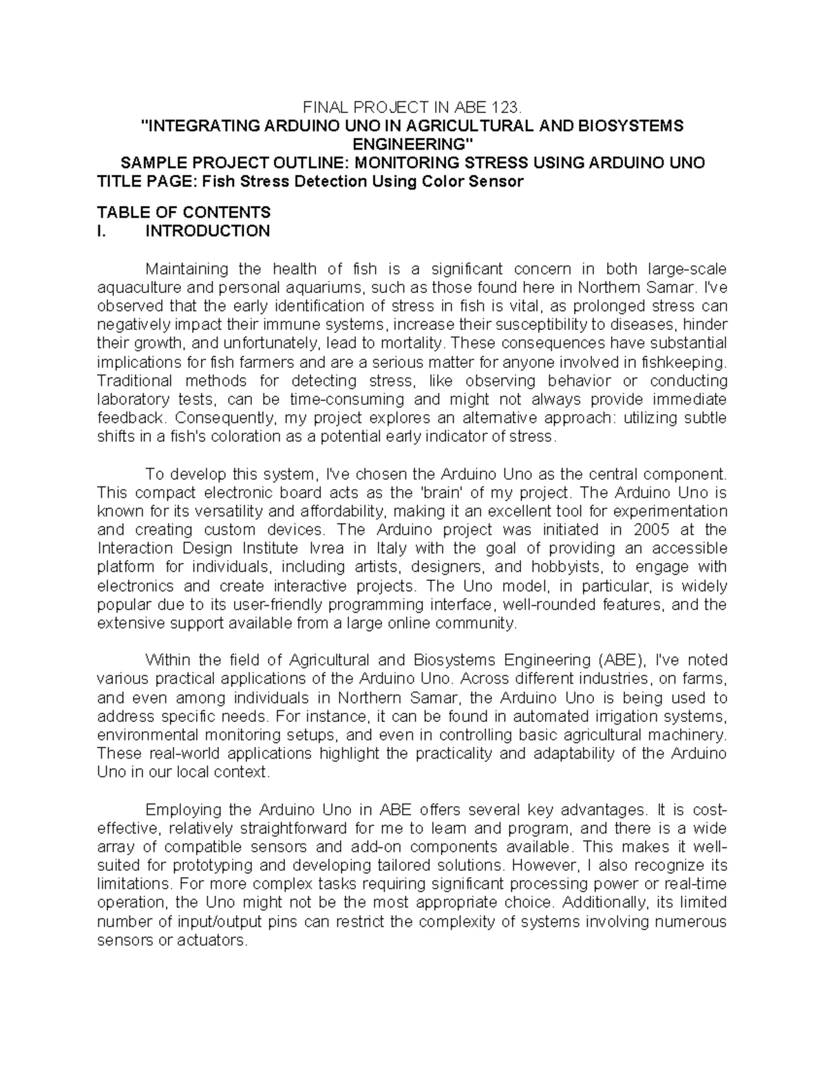 Designing a Fish Stress Detection System Using Arduino (COMP APP LAB 5) - Studocu