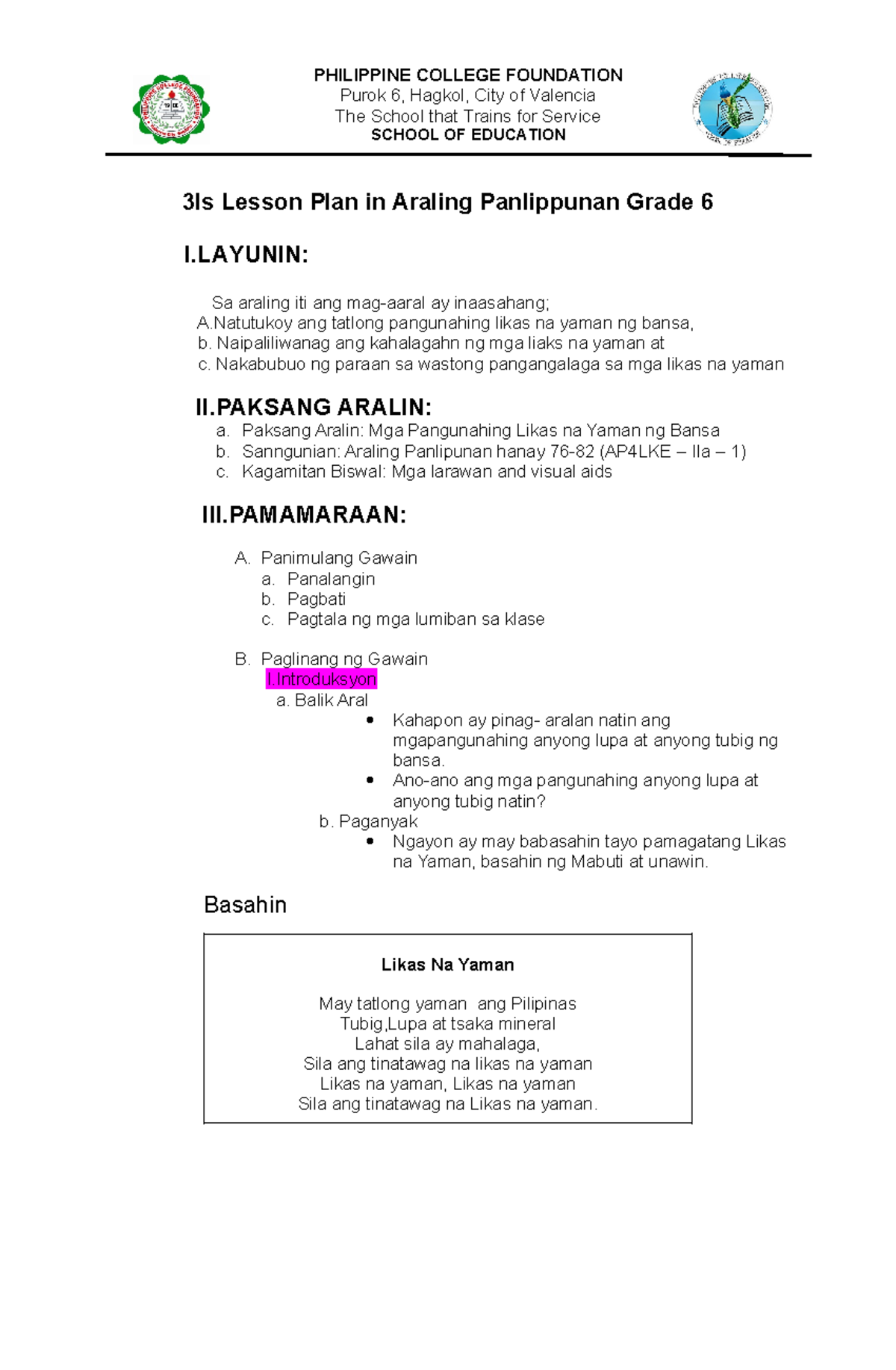 3Is Lesson Plan - Araling Panlipunan Grade 6 (AP4LKE - IIa - 1) - Studocu