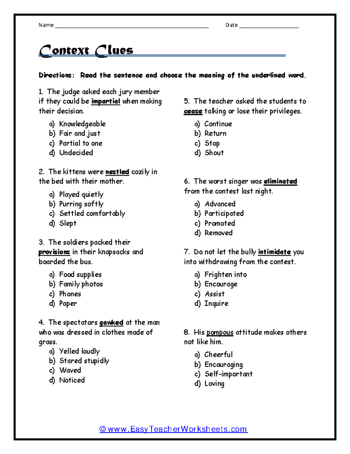 Context Clues Worksheet 4: Practice Test with Answers - Studocu