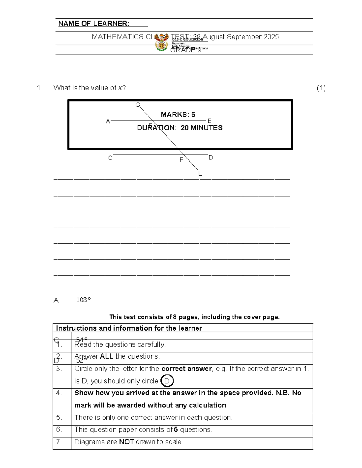 Grade 9 Mathematics Class Test - 29 August 2025 - Studocu