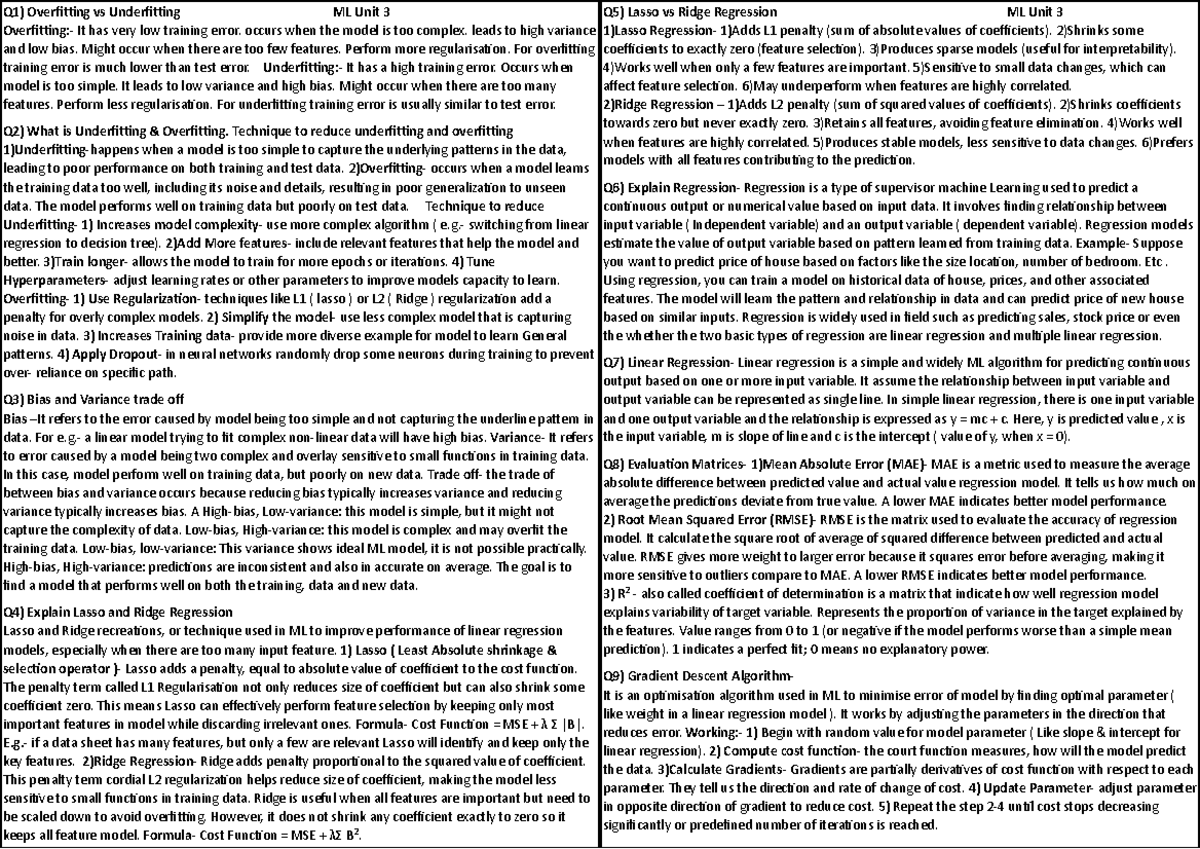 ML Unit 3 - ML 3 - Q1) Overfitting vs Underfitting ML Unit 3 ...