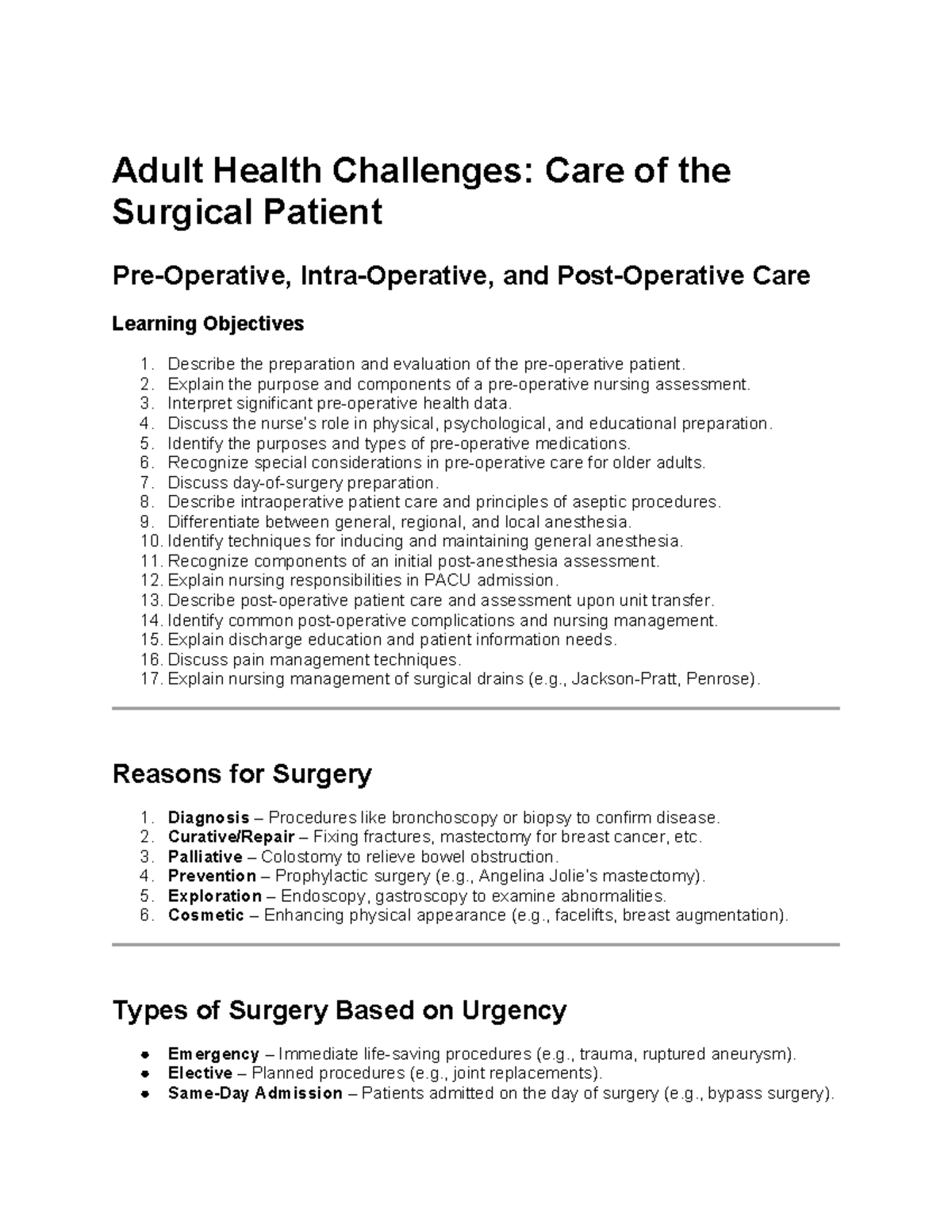 Adult Health Challenges: Surgical Patient Care Overview and Objectives ...