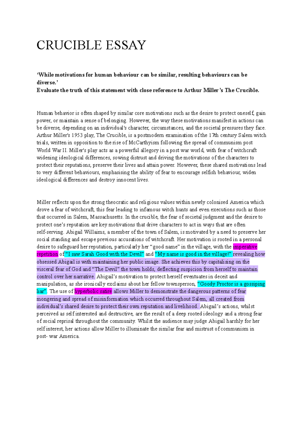 Tru - Essay on Human Behavior in Arthur Miller's The Crucible - Studocu