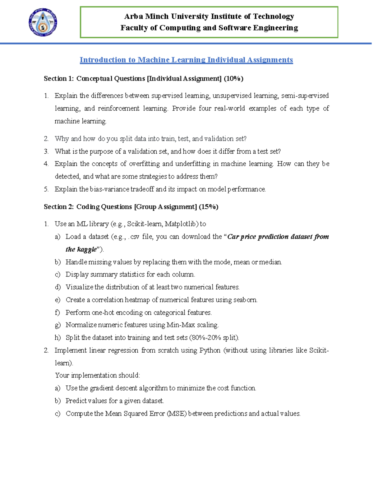 ML Individual Assignment: Concepts & Coding Tasks in Machine Learning ...