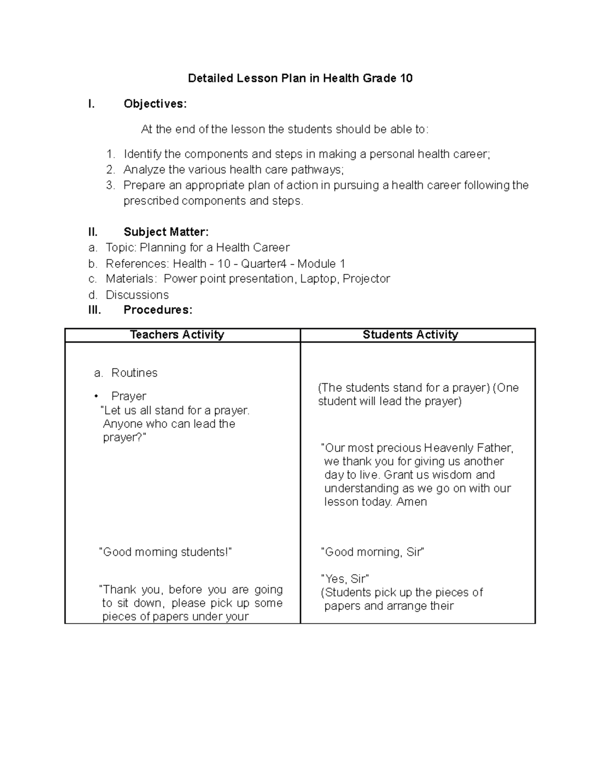 Detailed Lesson Plan: Planning for a Health Career (Grade 10) - Studocu
