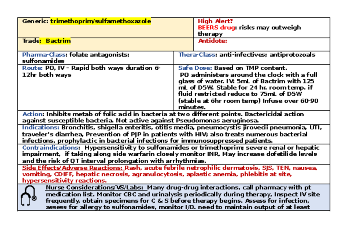 Bactrim - Drug Card - Generic: trimethoprim/sulfamethoxazole High Alert ...