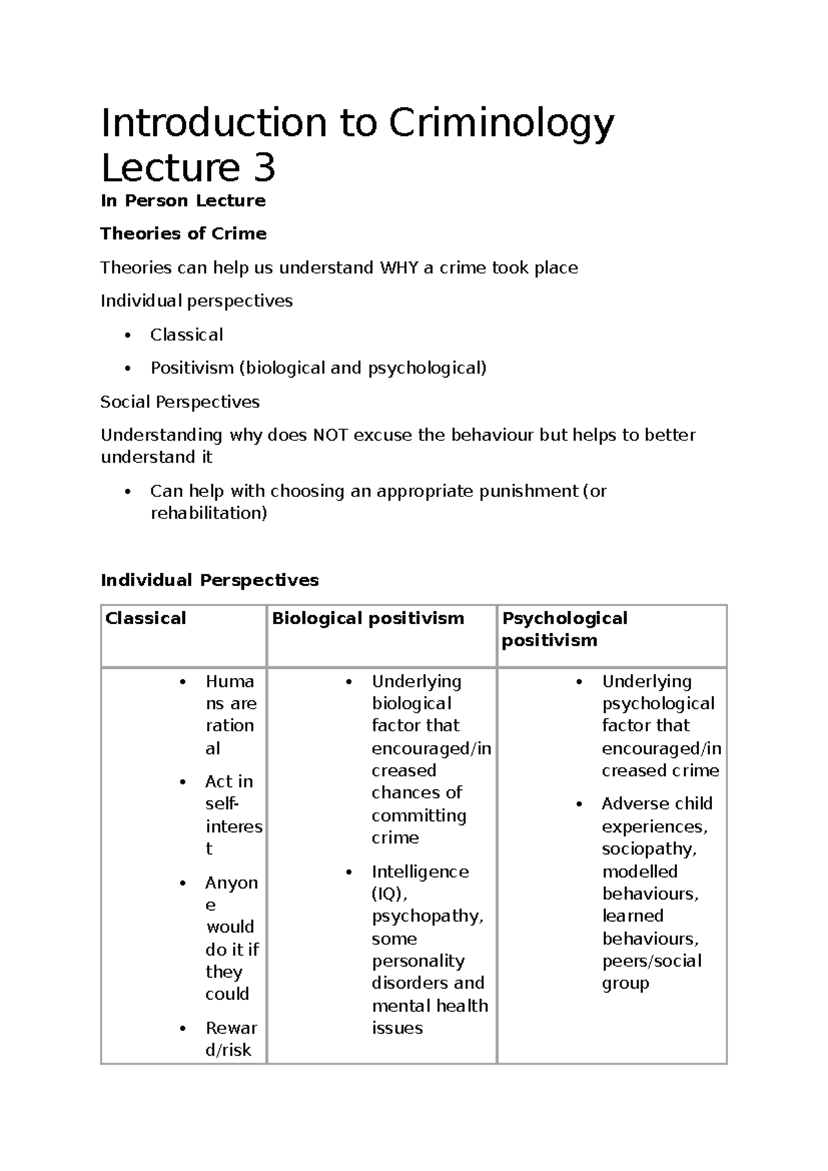 Introduction to Criminology - Lecture 3 Theories of Crime Notes - Studocu