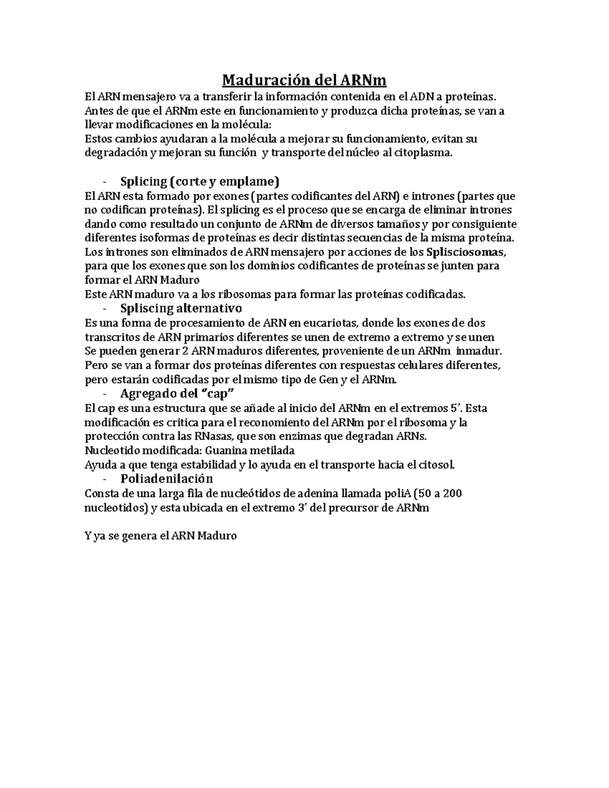Maduración del ARNm y Traducción: Proceso y Función en Proteínas - Studocu