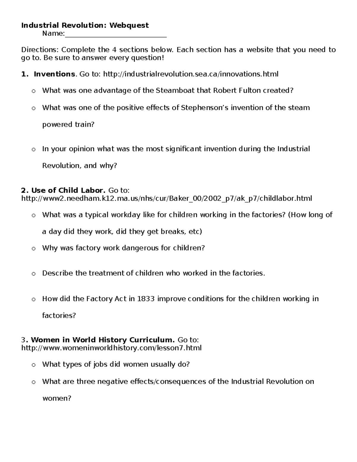 Webquest-Industrial Revolution - Industrial Revolution: Webquest Name