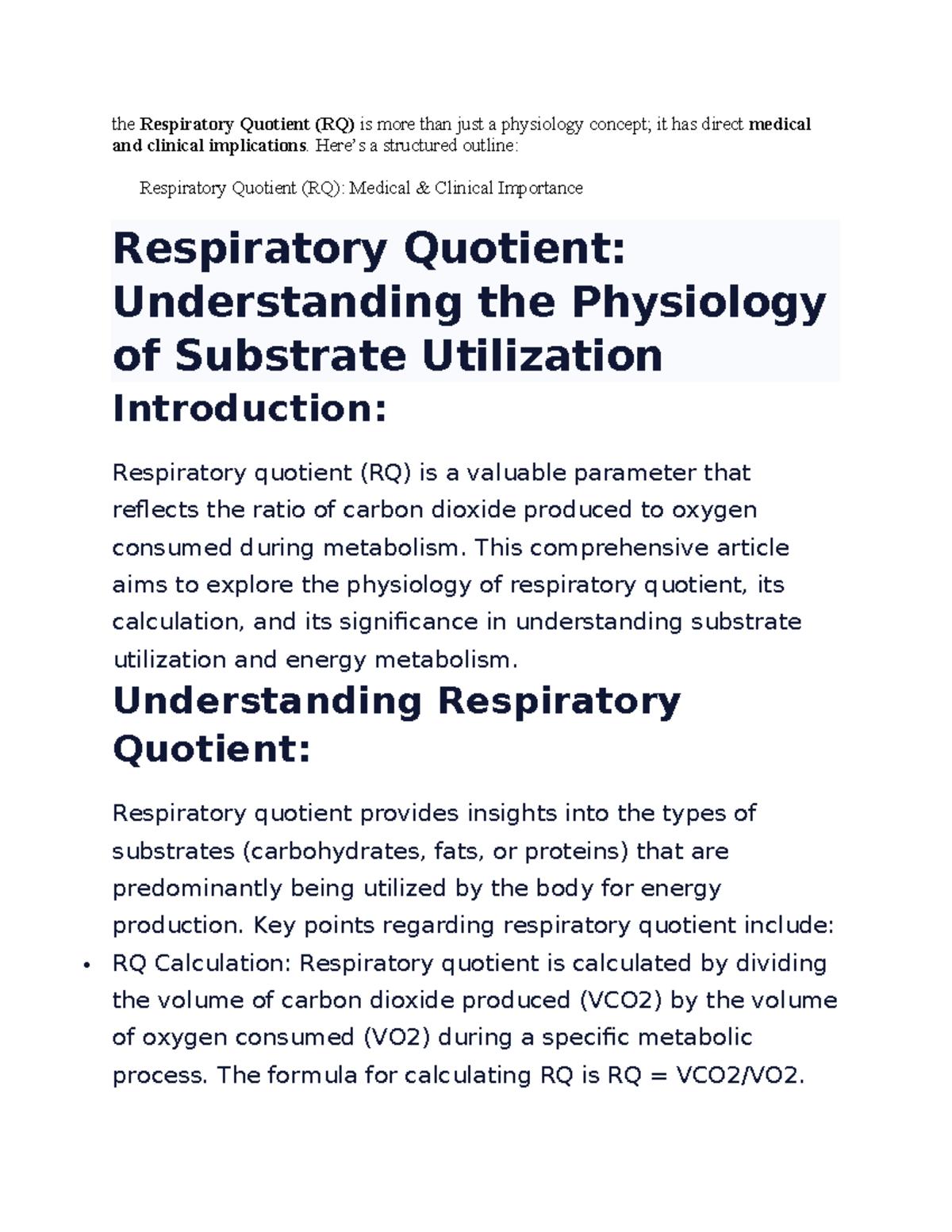 Respiratory Quotient (RQ): Clinical Implications & Physiological ...