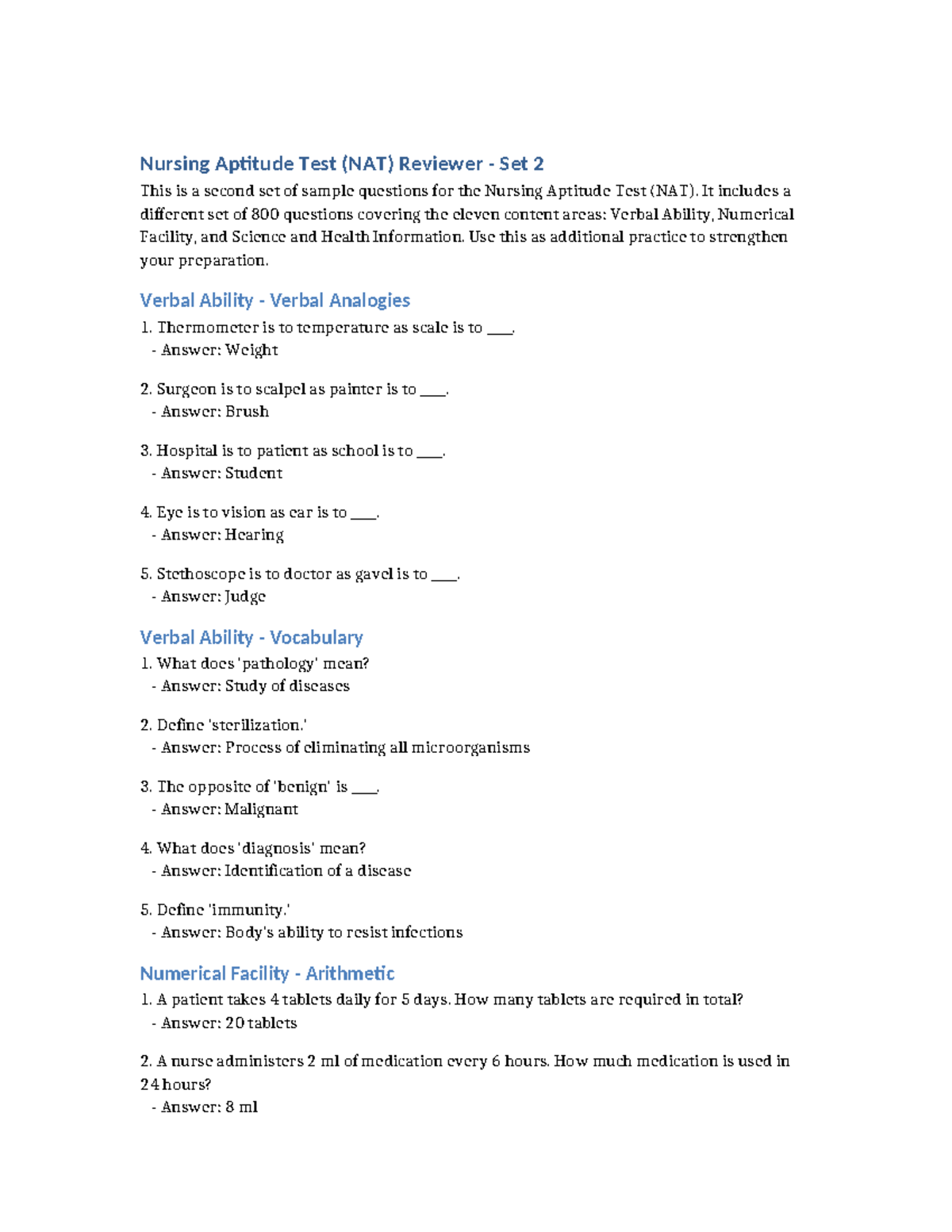 NAT Reviewer Set 2 - Comprehensive Practice Questions for Nursing Exam ...