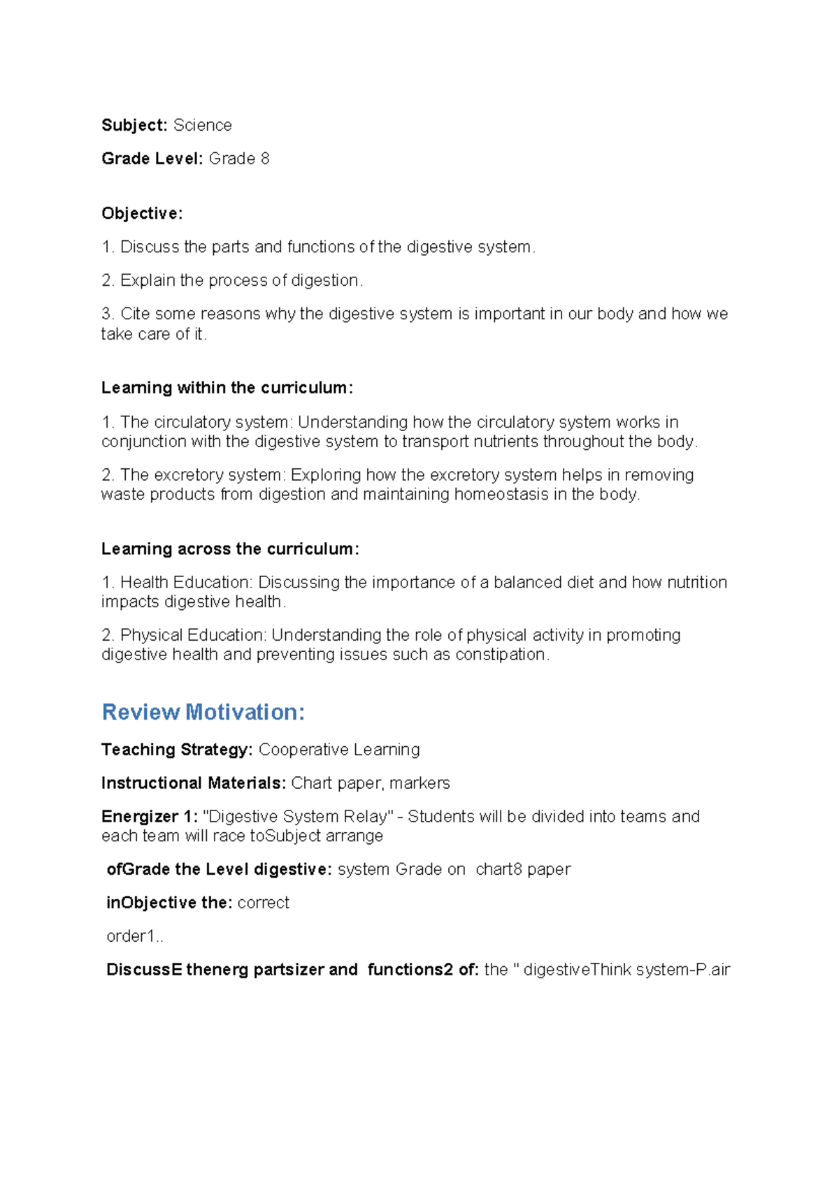 COT Grade 8 Science: Digestive System Lesson Plan & Activities - Studocu