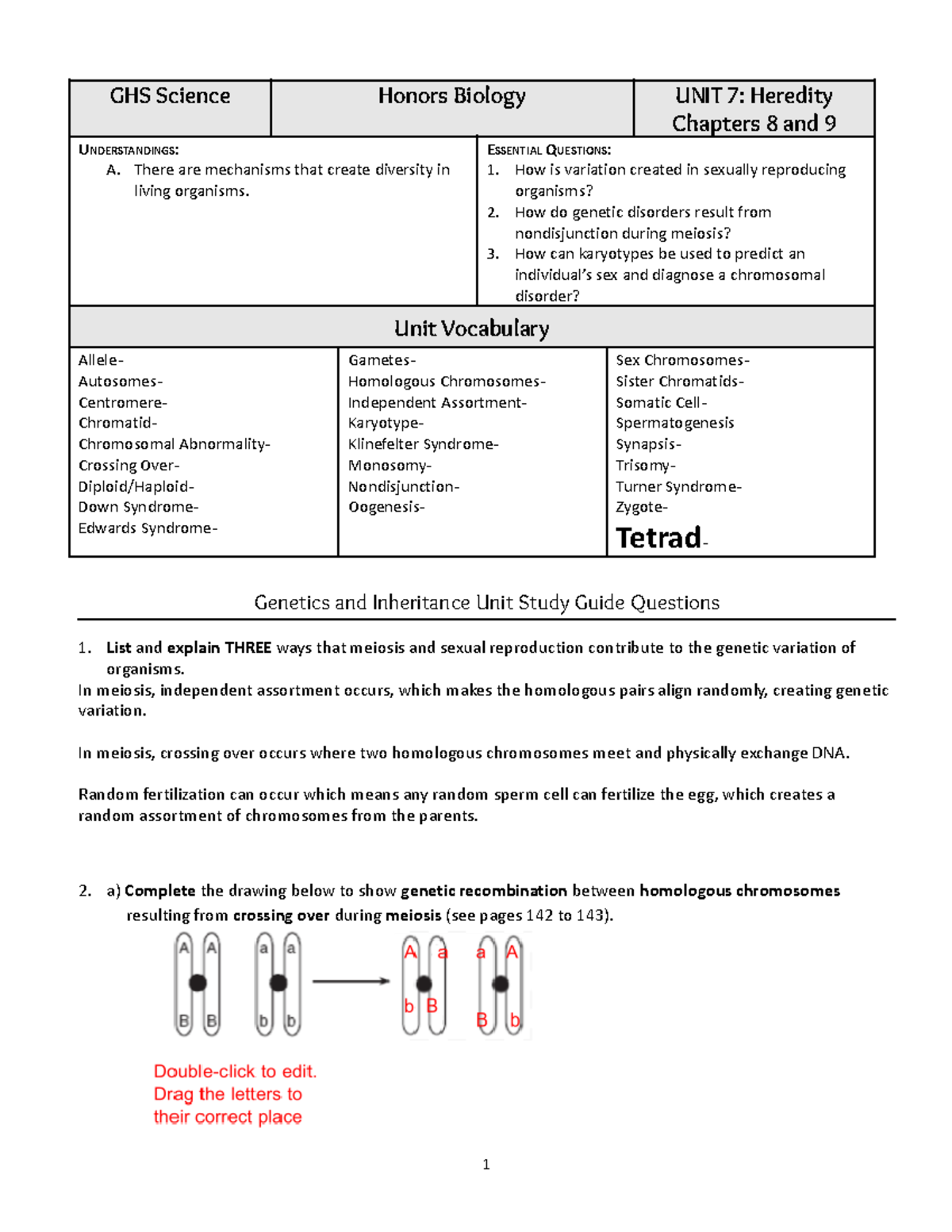 HB Unit 7: Meiosis and Karyotype Study Guide for Honors Biology - GHS ...