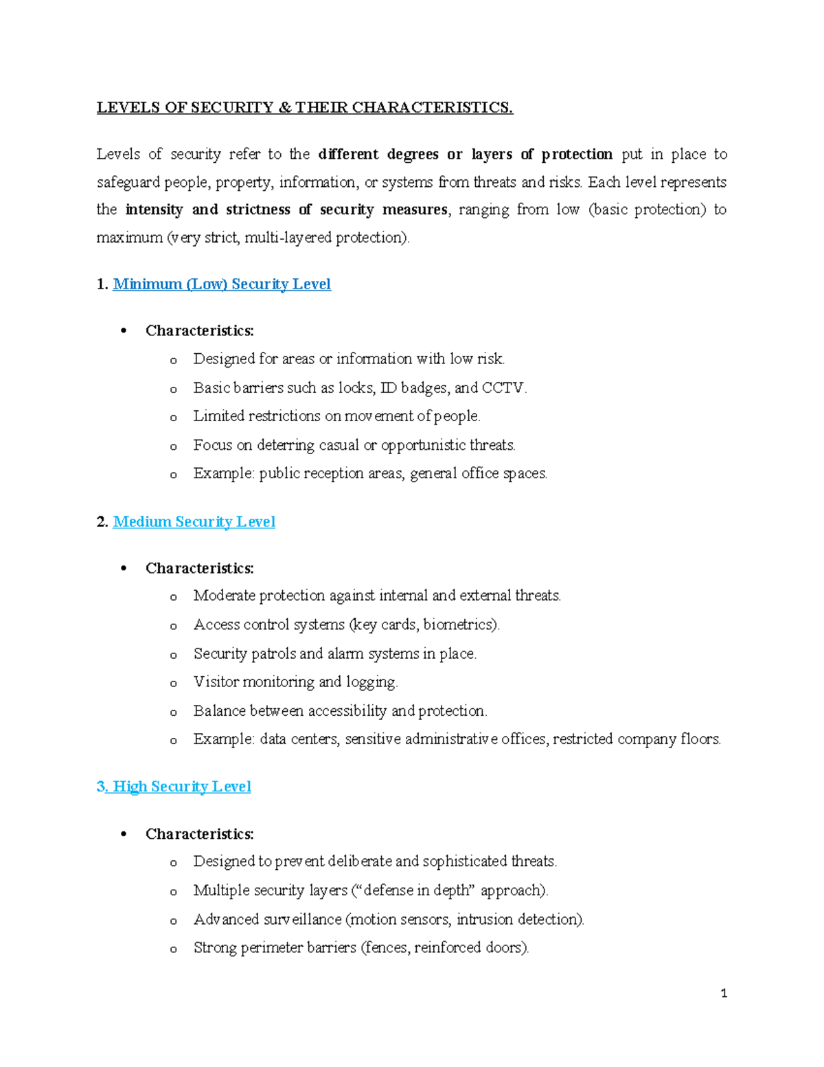 SEC 101: Levels of Security and Their Characteristics - Studocu