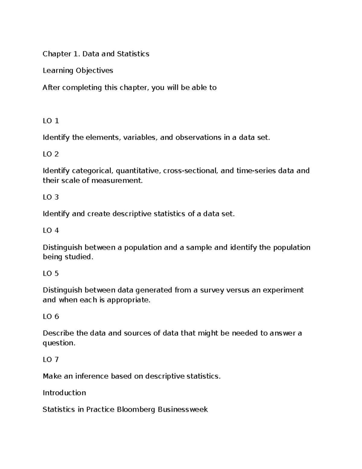 Chapter 1: Data and Statistics - Learning Objectives and Applications - Studocu
