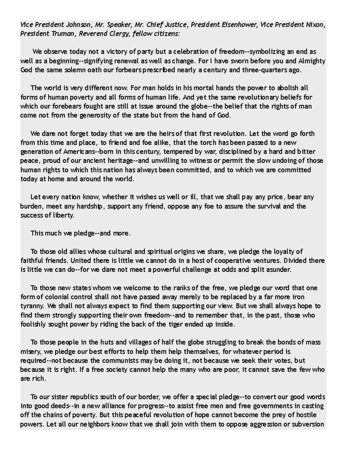 Kennedy Speech #1: Inaugural Address Analysis and Insights - Studocu