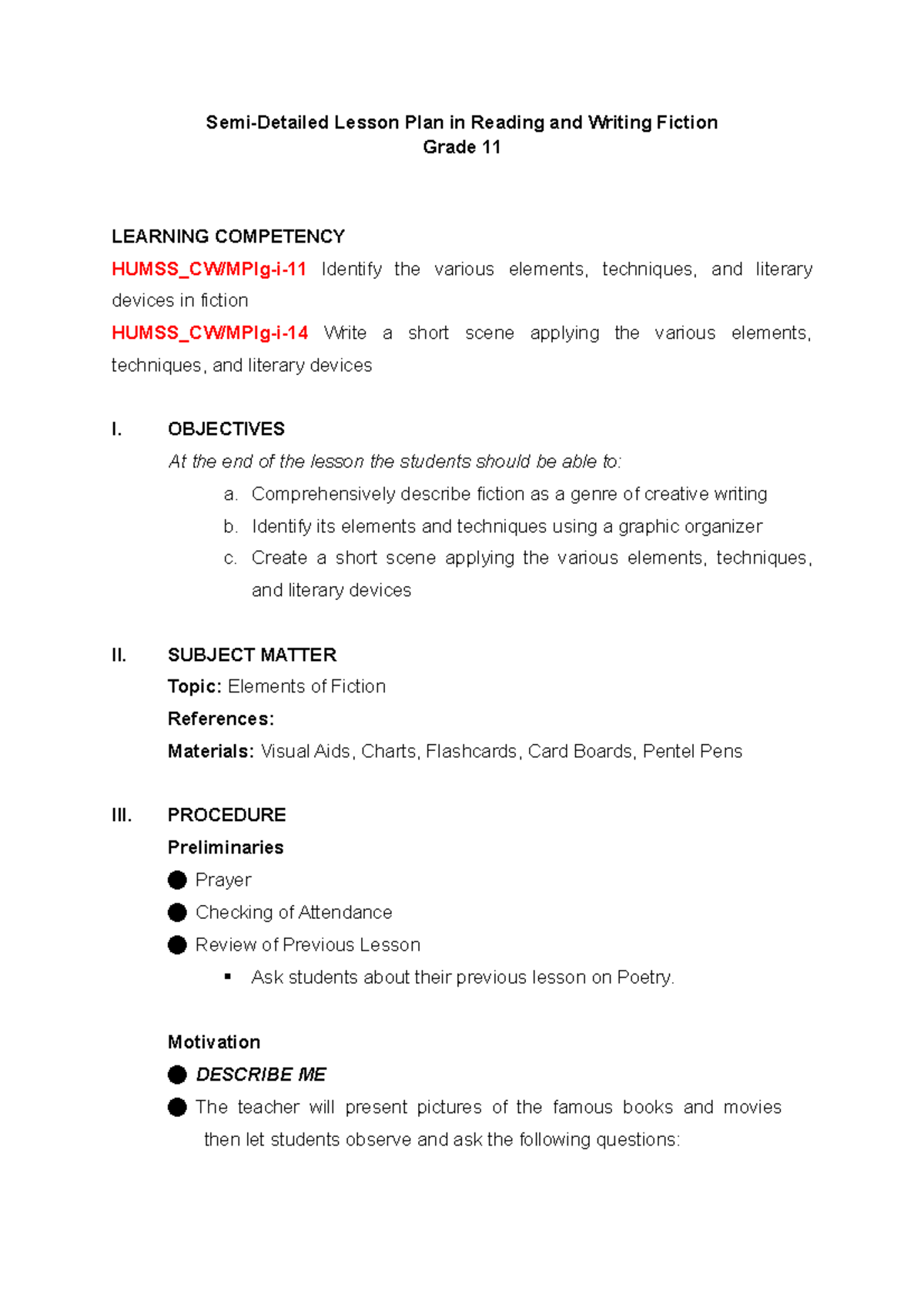 HUMSS_CW Midterm Lesson Plan: Elements of Fiction in Creative Writing ...