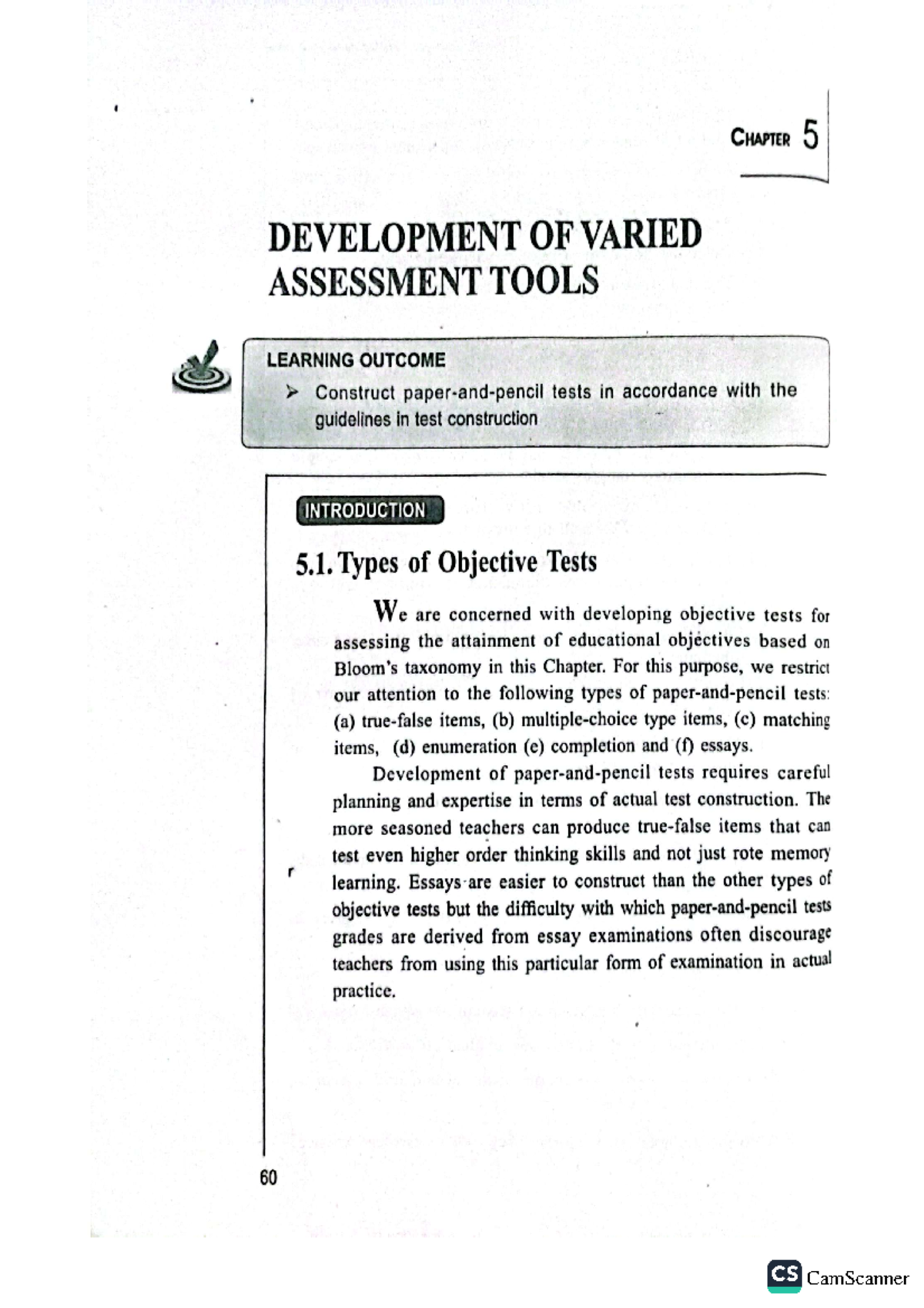 CHAPTER 5: DEVELOPMENT OF VARIED ASSESSMENT TOOLS AND LEARNING OUTCOMES ...