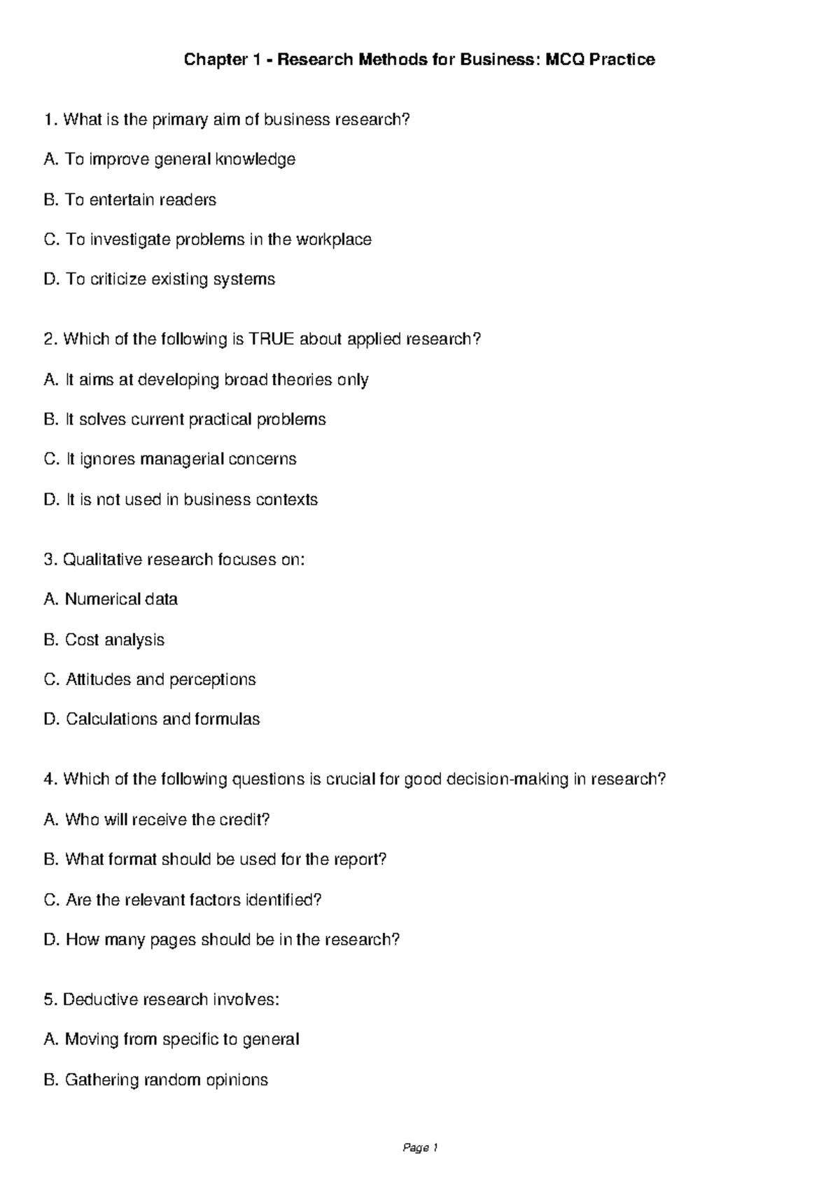 Chapter 1 Research Methods for Business: MCQ Practice Questions - Studocu