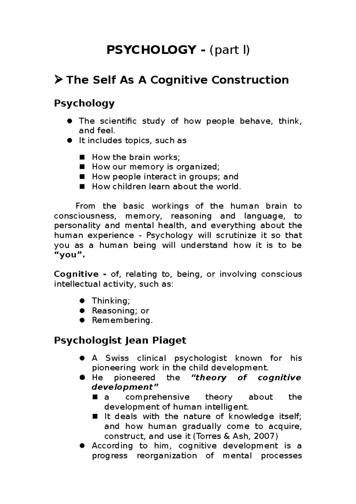 Psychology - PSYCHOLOGY - (part l) The Self As A Cognitive Construction ...
