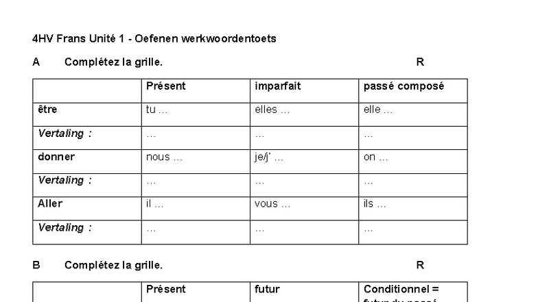 4HV Frans Unité 1 Werkwoordentoets D-toets met Antwoorden - Studeersnel