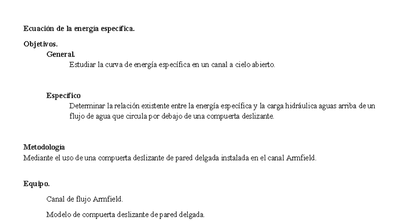 Ecuación de la Energía Específica en Canales Abiertos - Estudio - Studocu