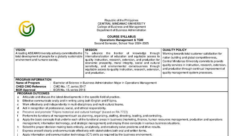 CBM52 Operations Management & TQM Course Syllabus for AY 2024-2025 ...