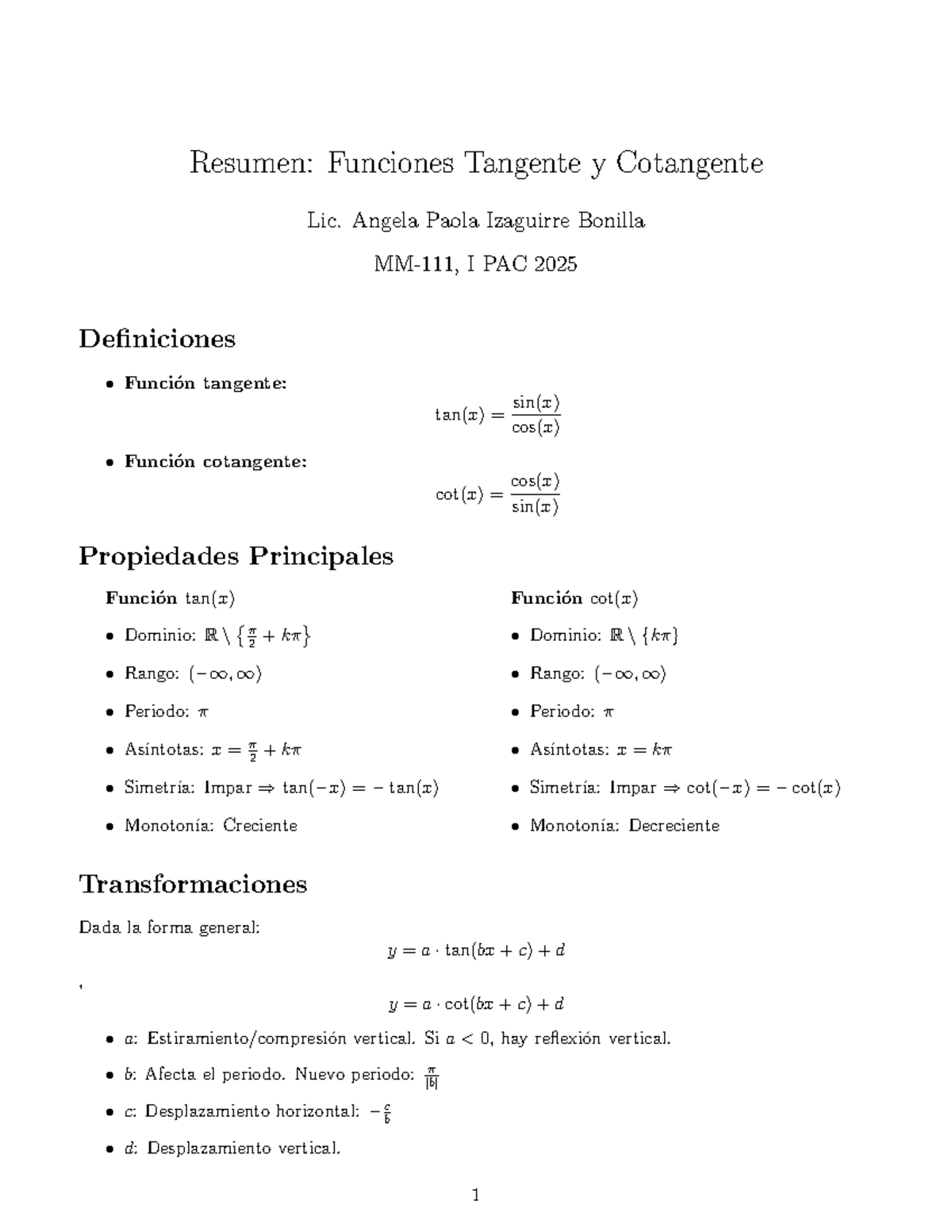 Resumen: Funciones Tangente y Cotangente - Lic. Angela Paola Izaguirre ...