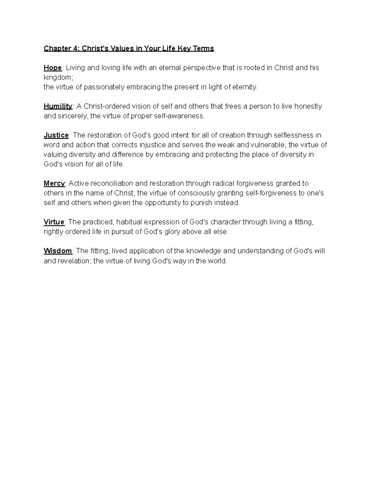 Chapter 4: Key Terms of Christ's Values in Life - Studocu