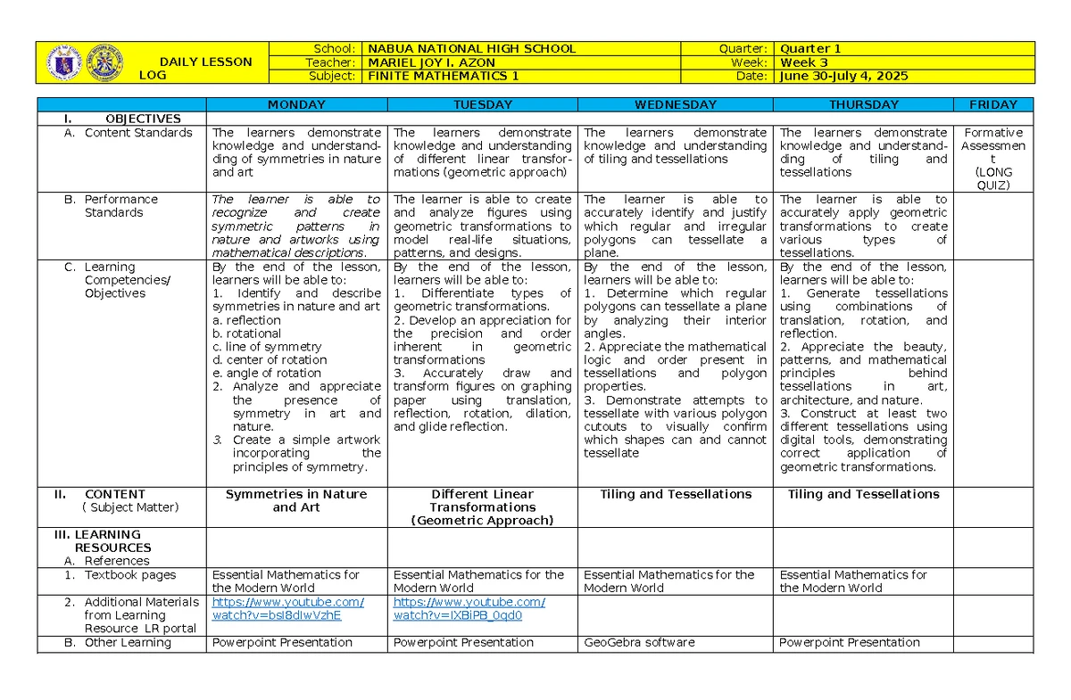 DLL 3 - Finite Mathematics Lesson Plan and Objectives - Studocu