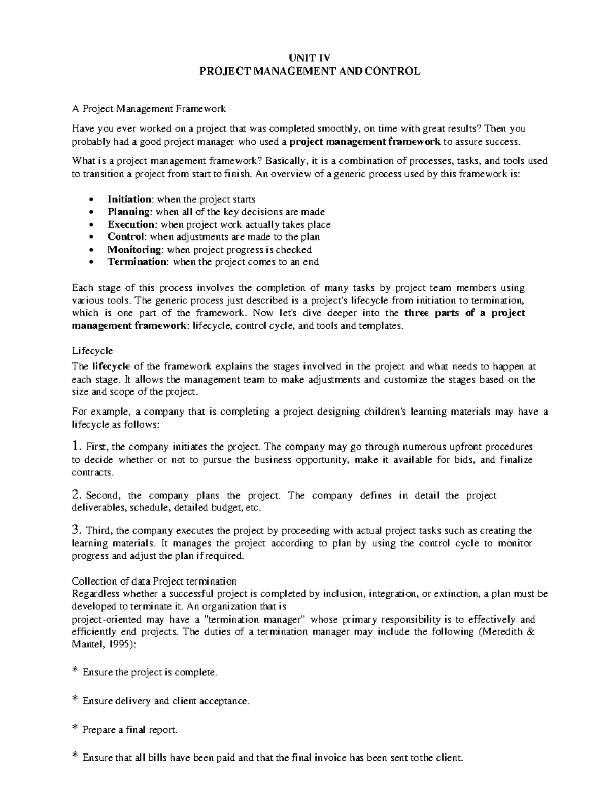 Module 4 - UNIT IV: Project Management Framework Overview and Tools ...