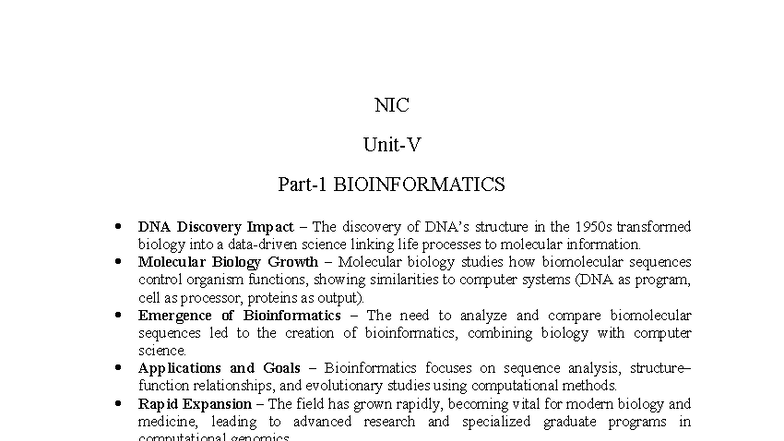 NIC-UNIT-V: Impact of Bioinformatics on DNA Discovery and Computational ...