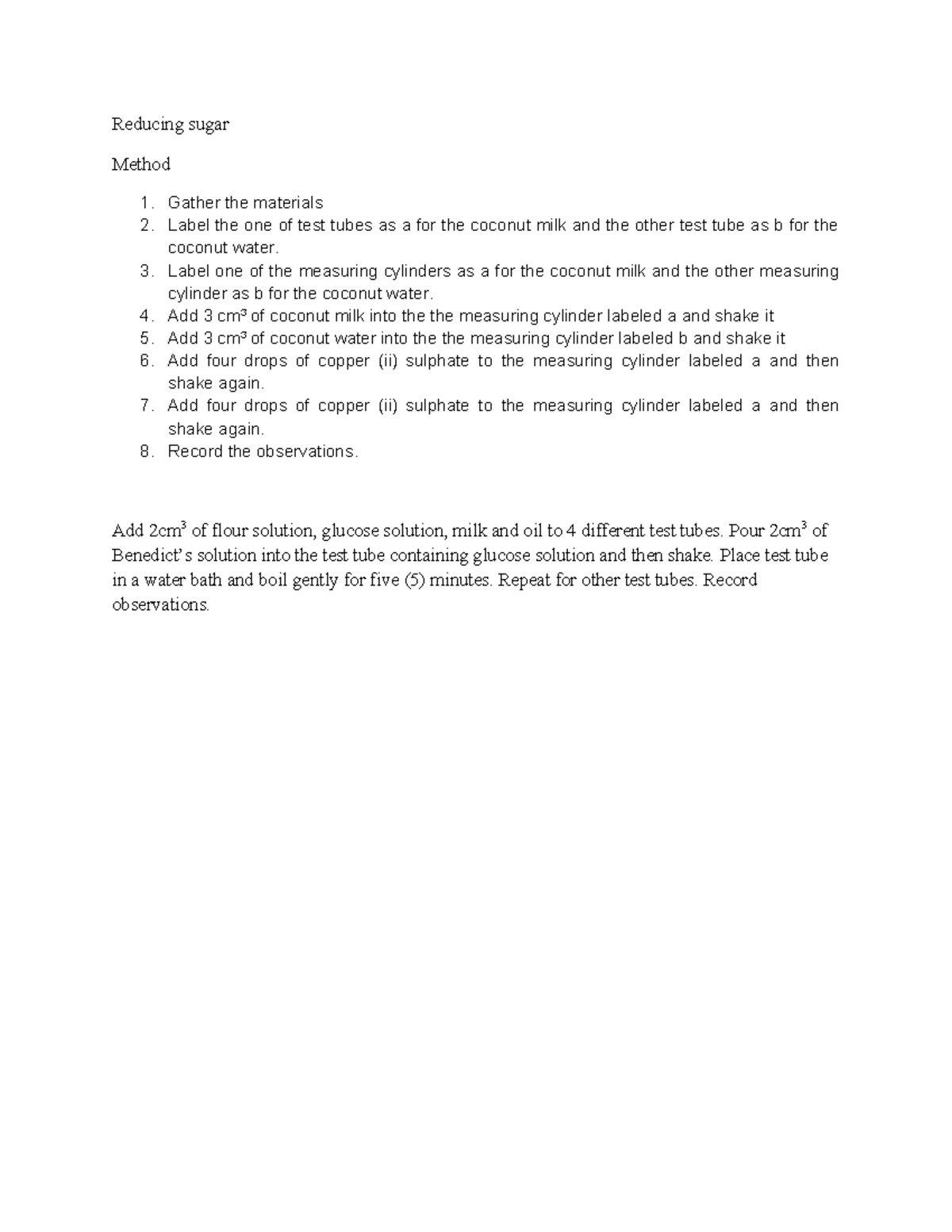 Reducing Sugar Test Method: Coconut Milk & Water Analysis - Studocu