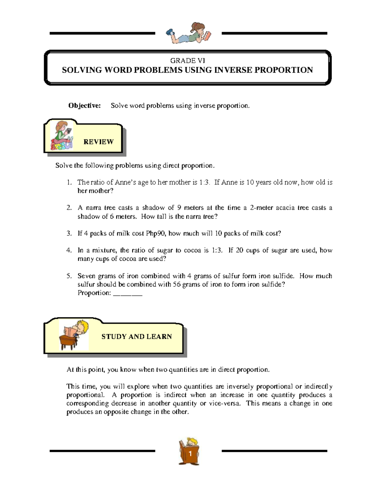GRADE VI INVERSE PROPORTION WORKSHEET: SOLVING WORD PROBLEMS - Studocu
