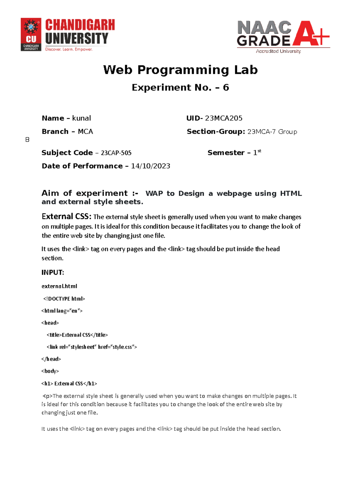 Web Programming Lab: Experiment 6 on HTML & External CSS (23CAP-505 ...