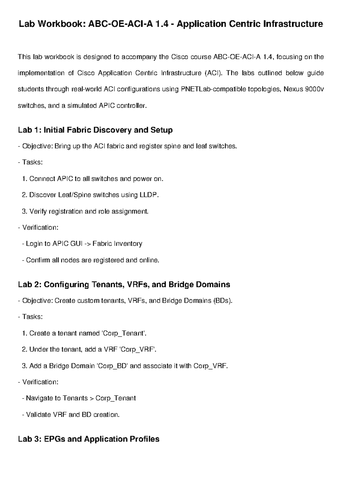 ABC-OE-ACI-A Lab Workbook: Implementing Cisco ACI Configurations - Studocu