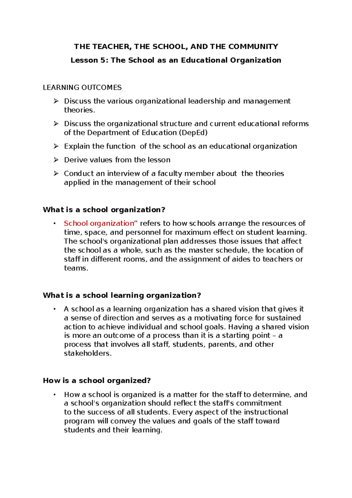 Lesson 5: School as an Educational Org. - Leadership & Structure - Studocu