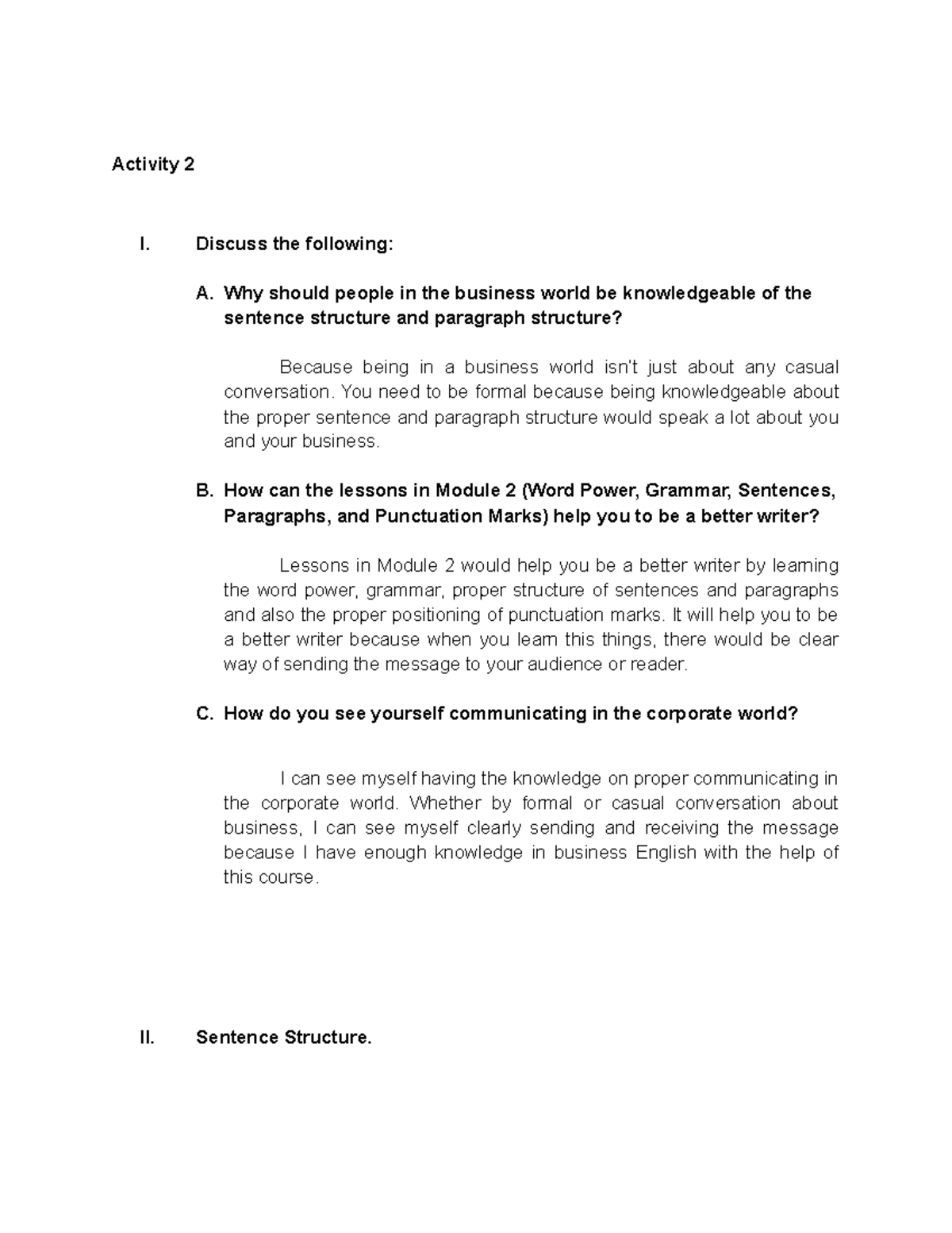 Business English: Activity 2 - Sentence and Paragraph Structure ...