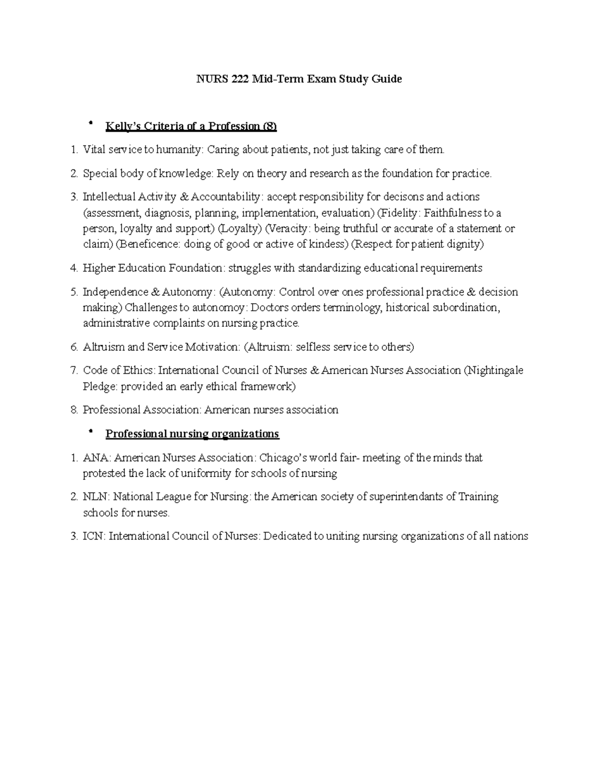 NURS 222 Midterm Exam Study Guide: Nursing Theories & Ethics - Studocu