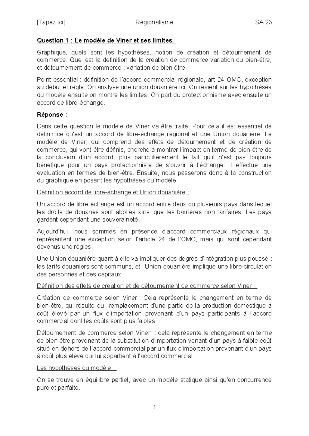 Régionalisme SA 23 : Analyse du Modèle de Viner et ses Limites - Studocu