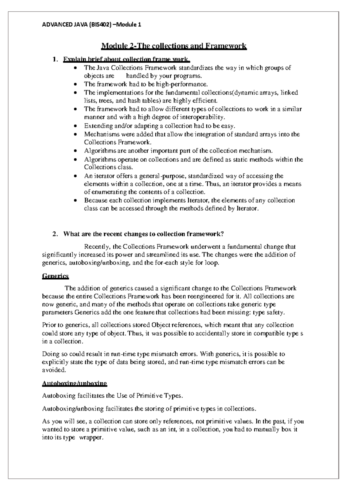 ADVANCED JAVA (BIS402) Module 1: Collections Framework Overview - Studocu