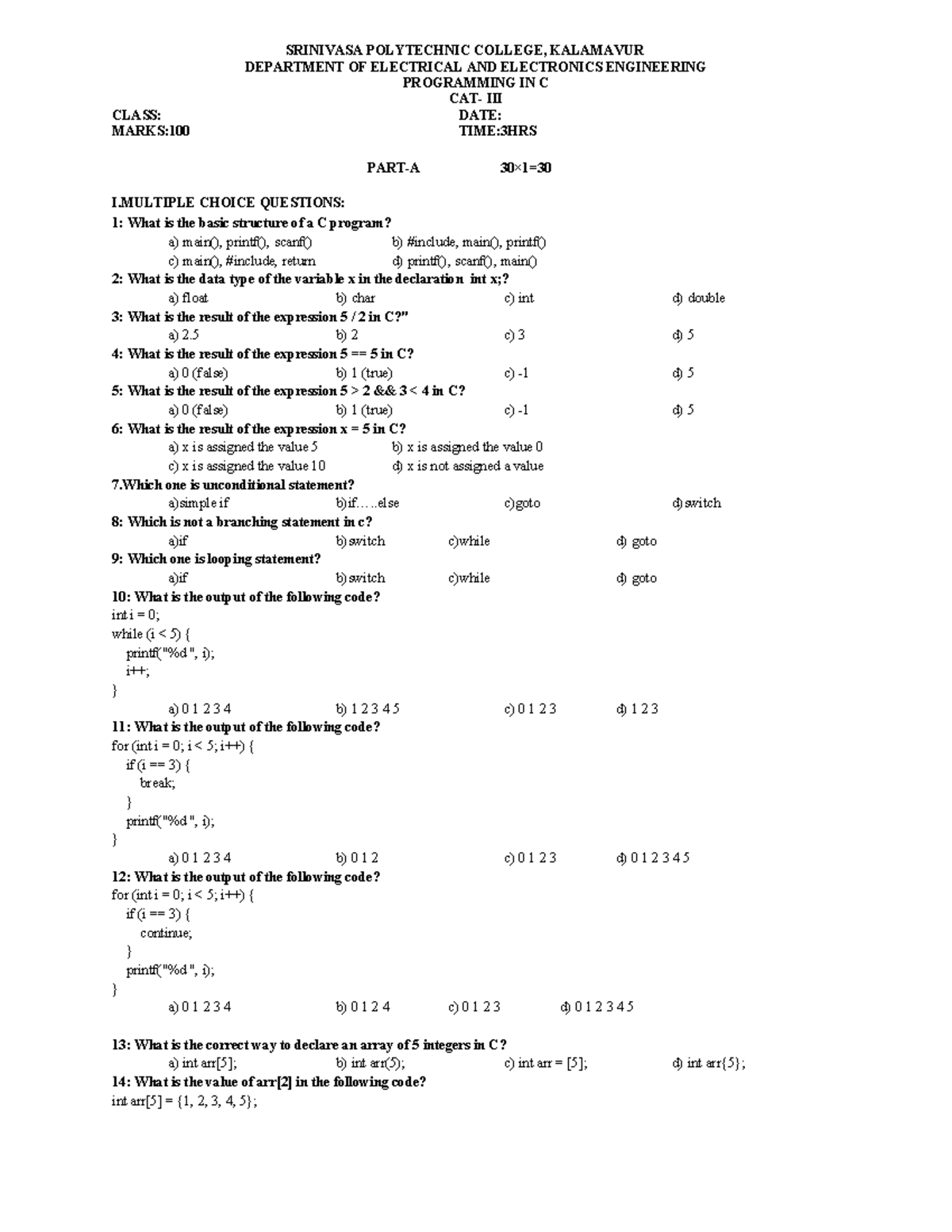 EEE Cprog QUES - MCQs & Short Answer Notes - Studocu