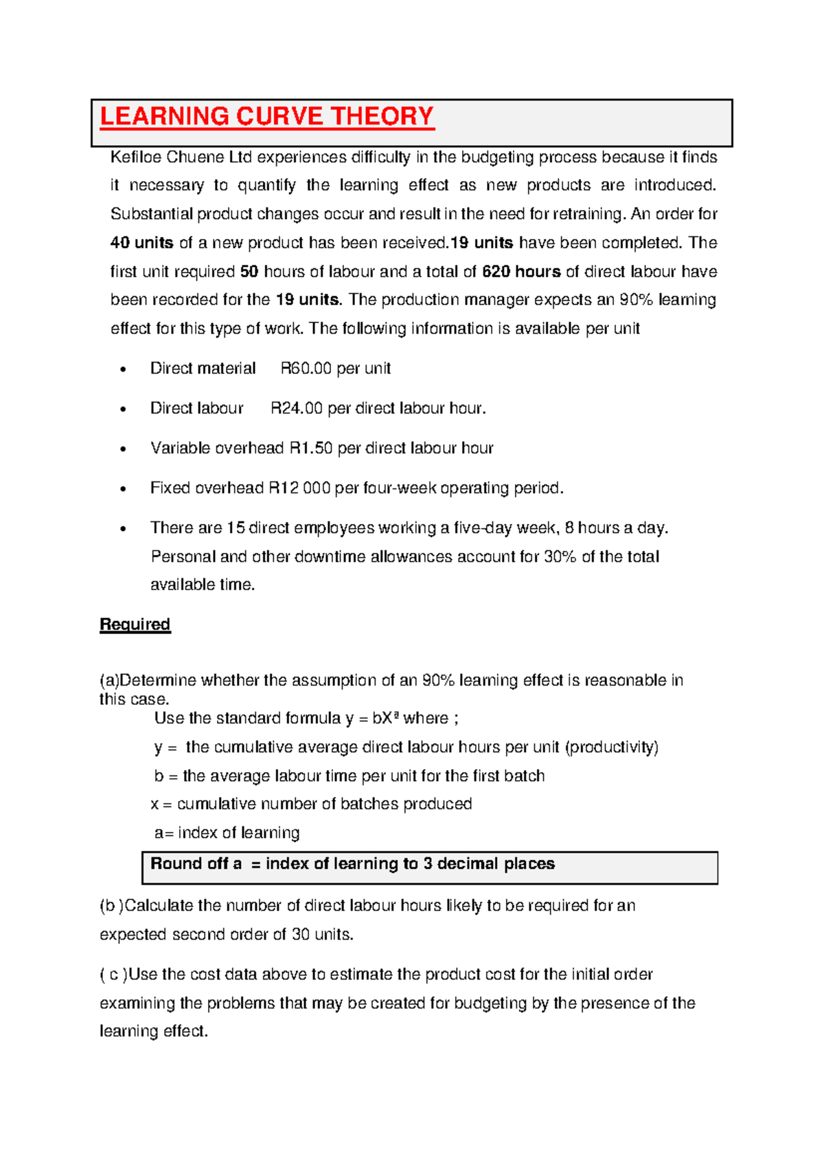 Learning Curve Theory Exam Practice Questions for Budgeting Analysis ...
