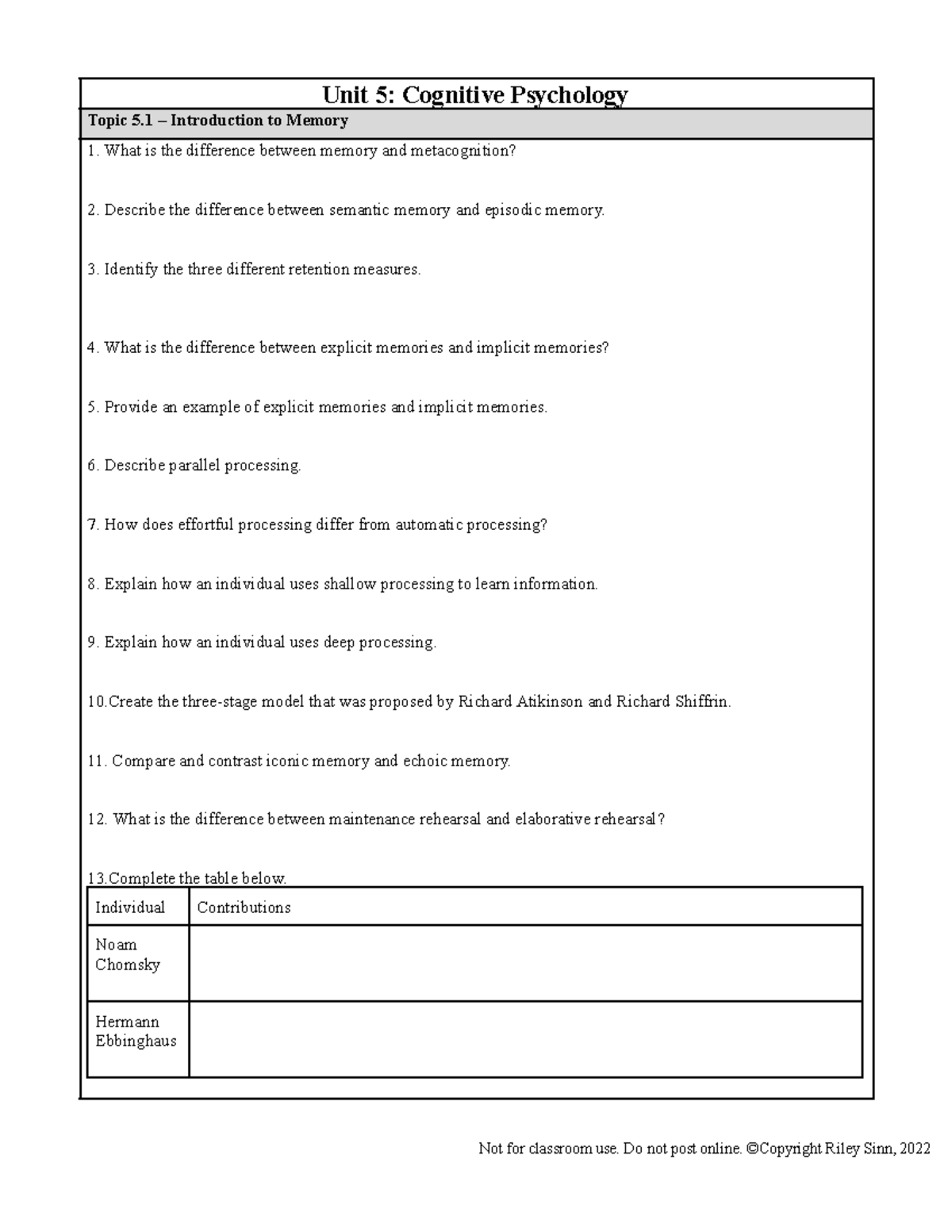 Unit 5 Study Guide: Cognitive Psychology - Memory, Thinking, and ...