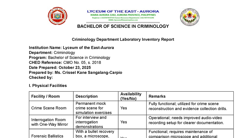 BSC in Criminology Lab Inventory Report - CMO No. 05, s. 2018 - Studocu