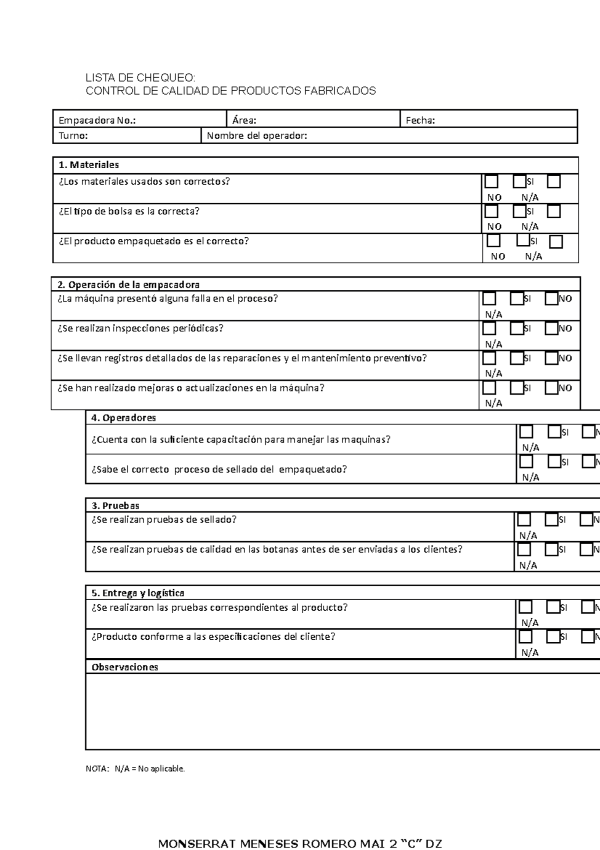 Checklist para Control de Calidad de Productos - MAI 2 "C" DZ - Studocu