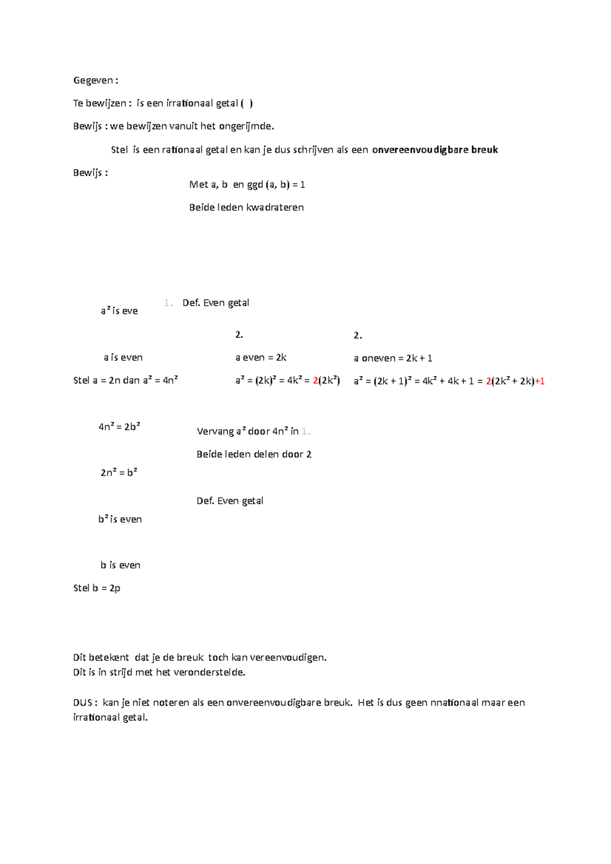 Wiskunde - bewijs v2 - Gegeven :Te bewijzen : is een irrationaal getal ...
