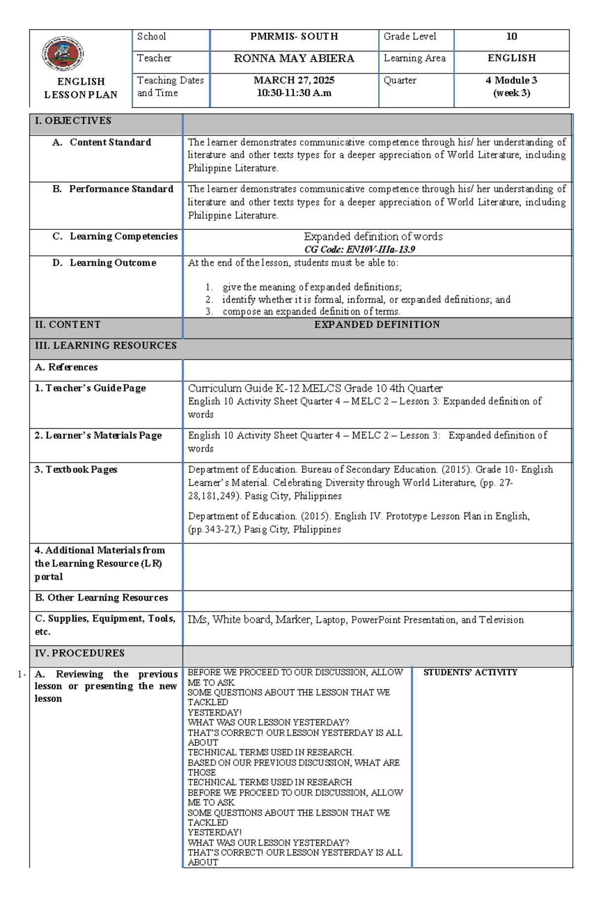 ENGLISH 10 Lesson Plan: Expanded Definitions (Quarter 4, Week 3) - Studocu