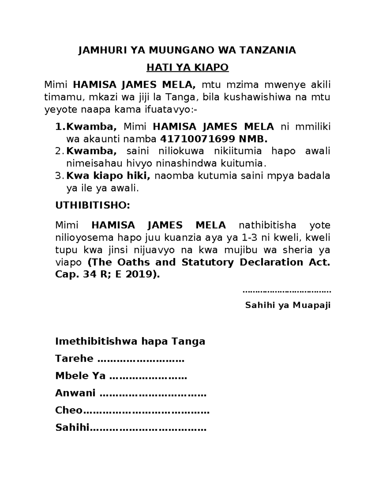 HATI YA KIAPO - MUAPAJI: HAMISA JAMES MELA, TANGA - Studocu