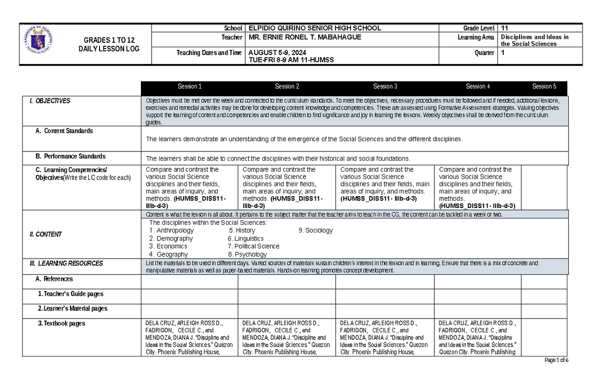 DISS 11 Week 2 Daily Lesson Log for Social Science Disciplines - Studocu